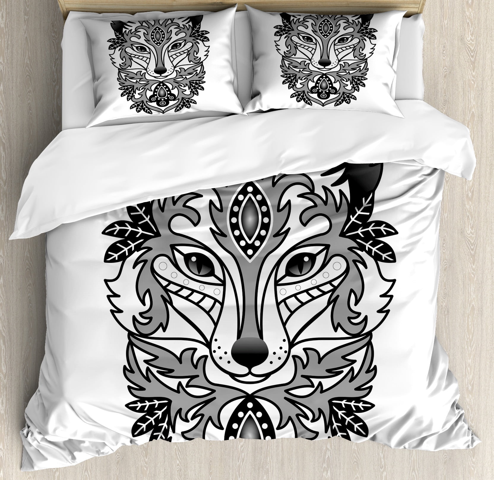Fox Duvet Cover Set, Ornamental Fox Face with Tree Leaves Oval Shapes ...
