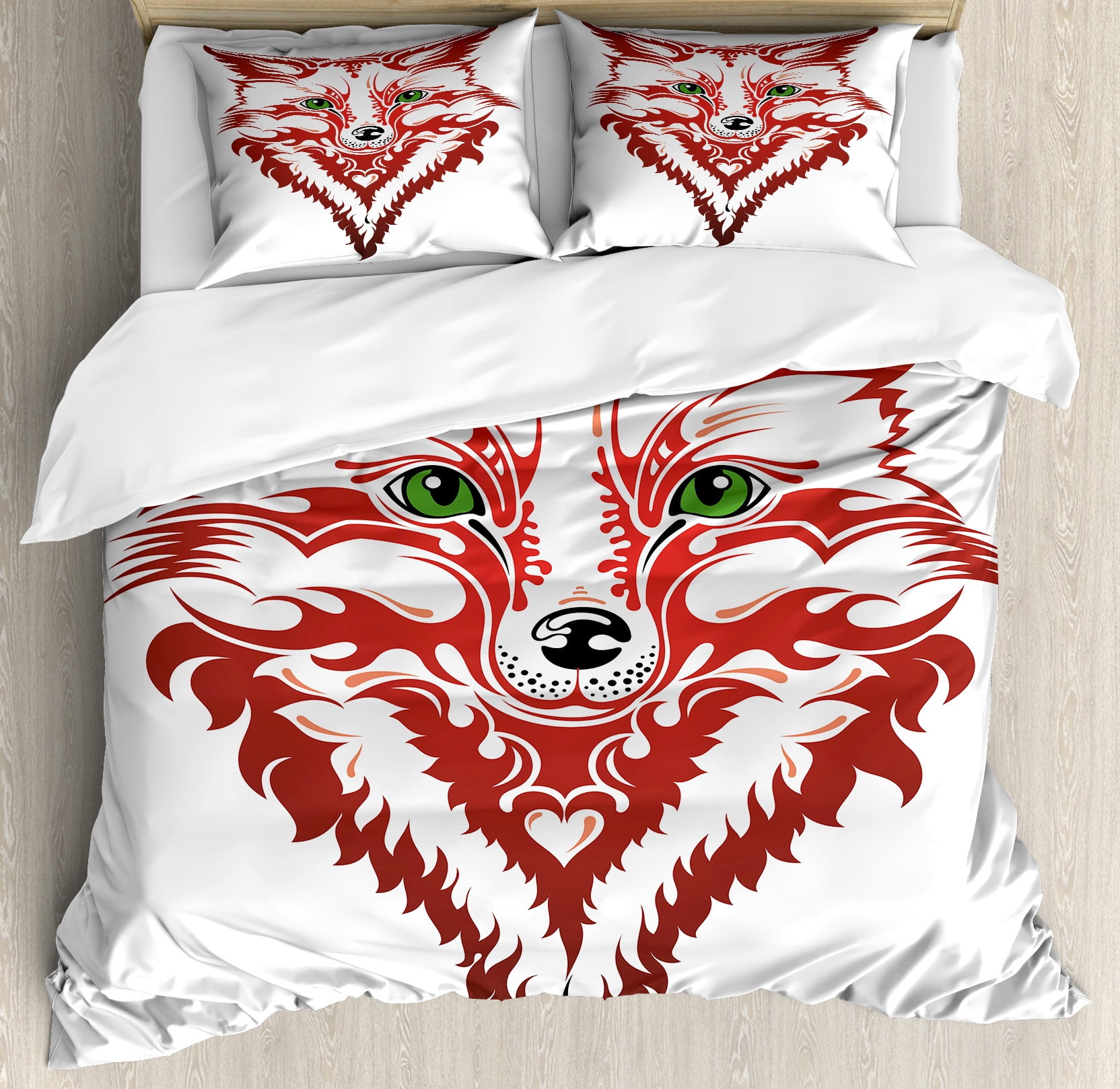 Fox Duvet Cover Set, Patterned Portrait of Fox Sharp Green Eyes Wavy ...