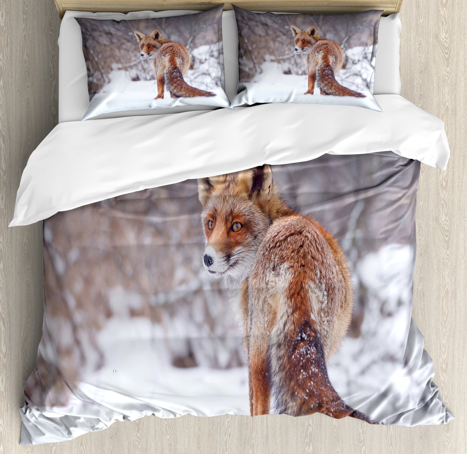 Fox Duvet Cover Set Queen Size, Countryside Snow Landscape Furry Wild ...