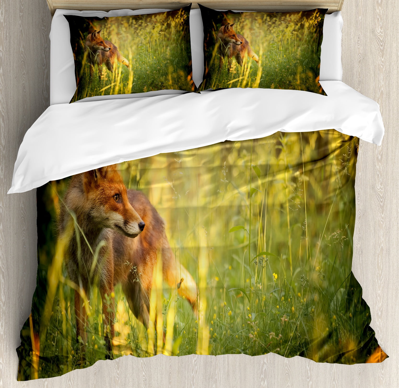 Fox Duvet Cover Set, Fox in the Summer Forest Fresh Meadow Grass ...