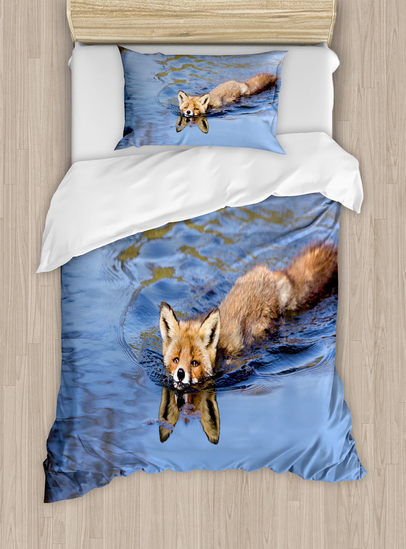 Fox Duvet Cover Set, Fox Swimming in Blue River Natural Life Mammal ...