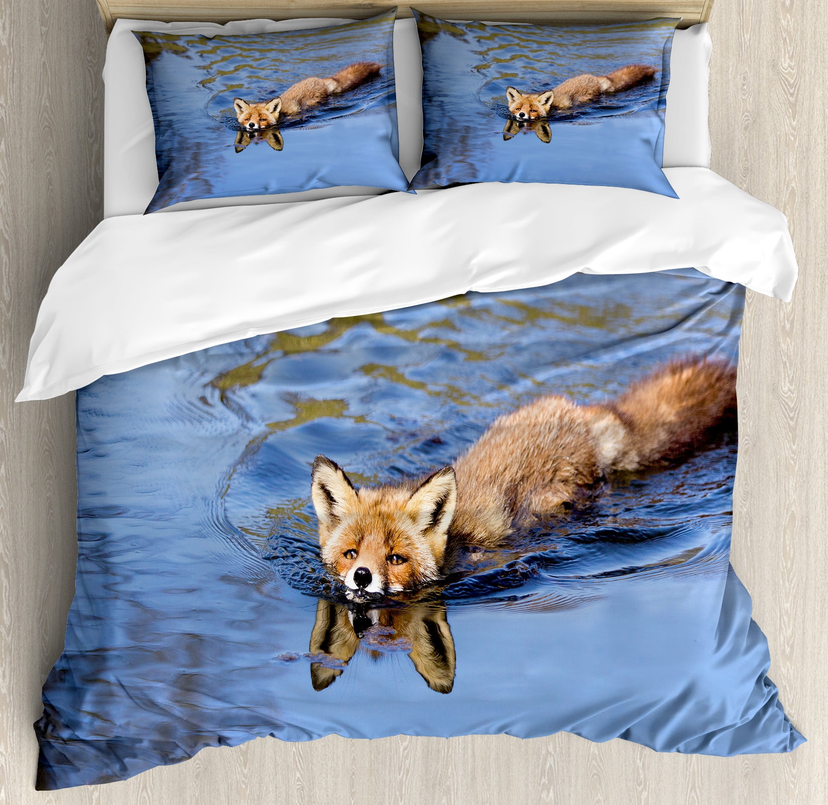 Fox Duvet Cover Set, Fox Swimming in Blue River Natural Life Mammal ...