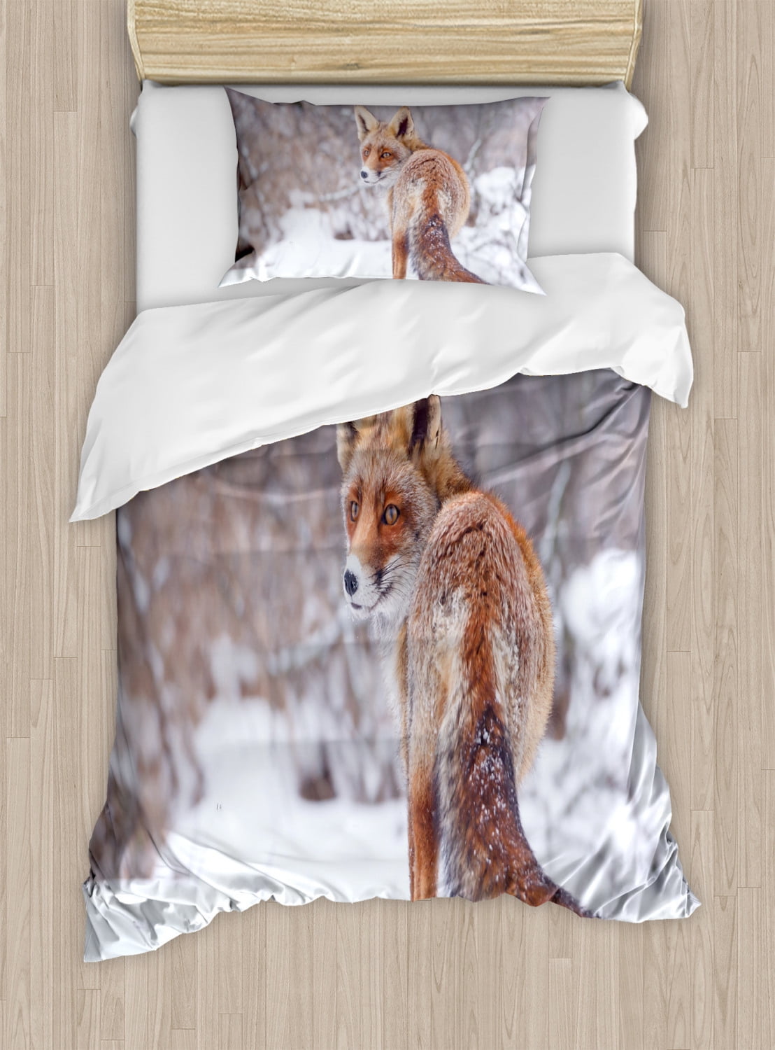 Fox Duvet Cover Set Twin Size, Countryside Snow Landscape Furry Wild ...