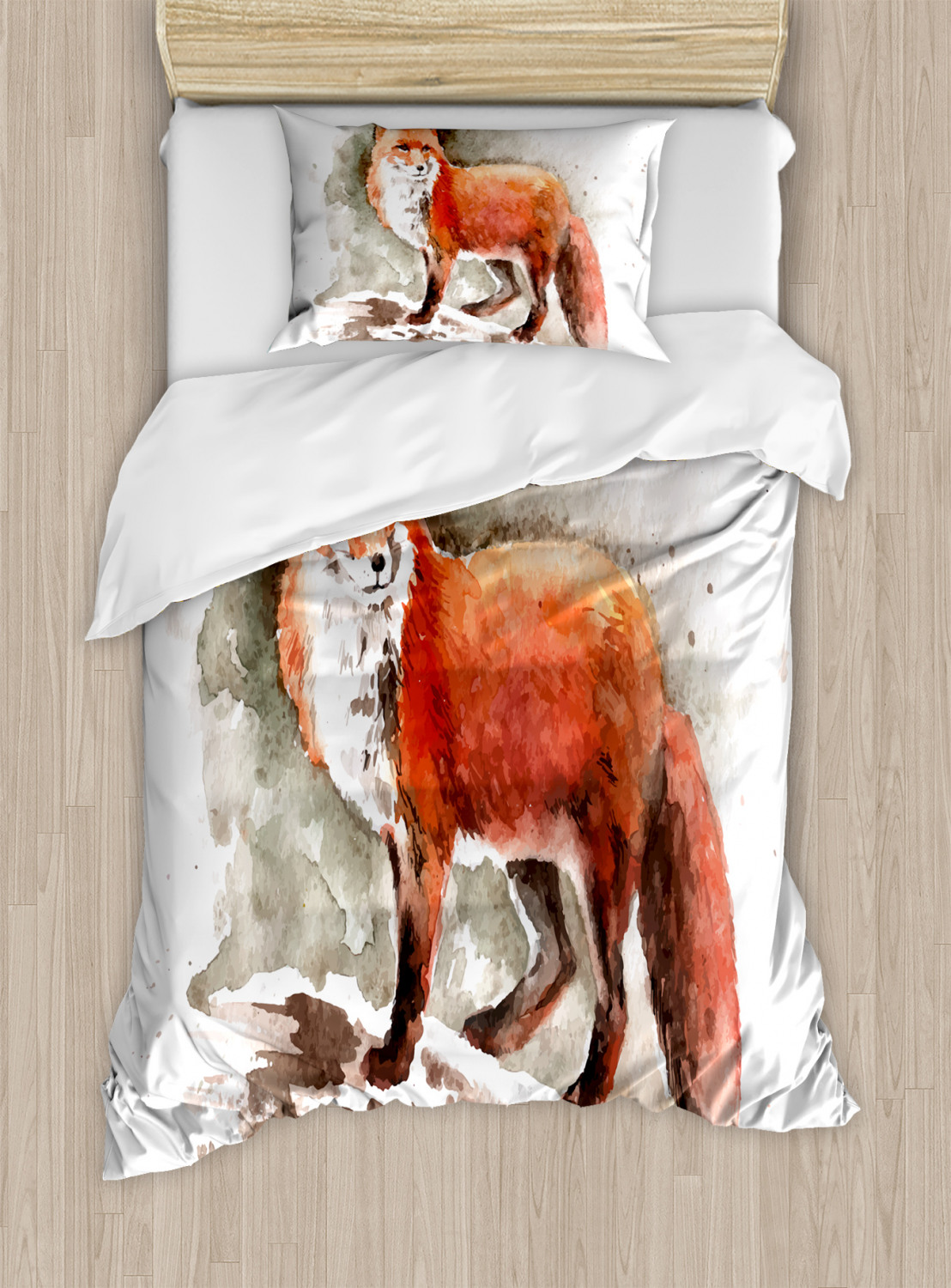 Fox Duvet Cover Set Twin Size, Watercolor Hand Drawn Red Fox with Bushy ...