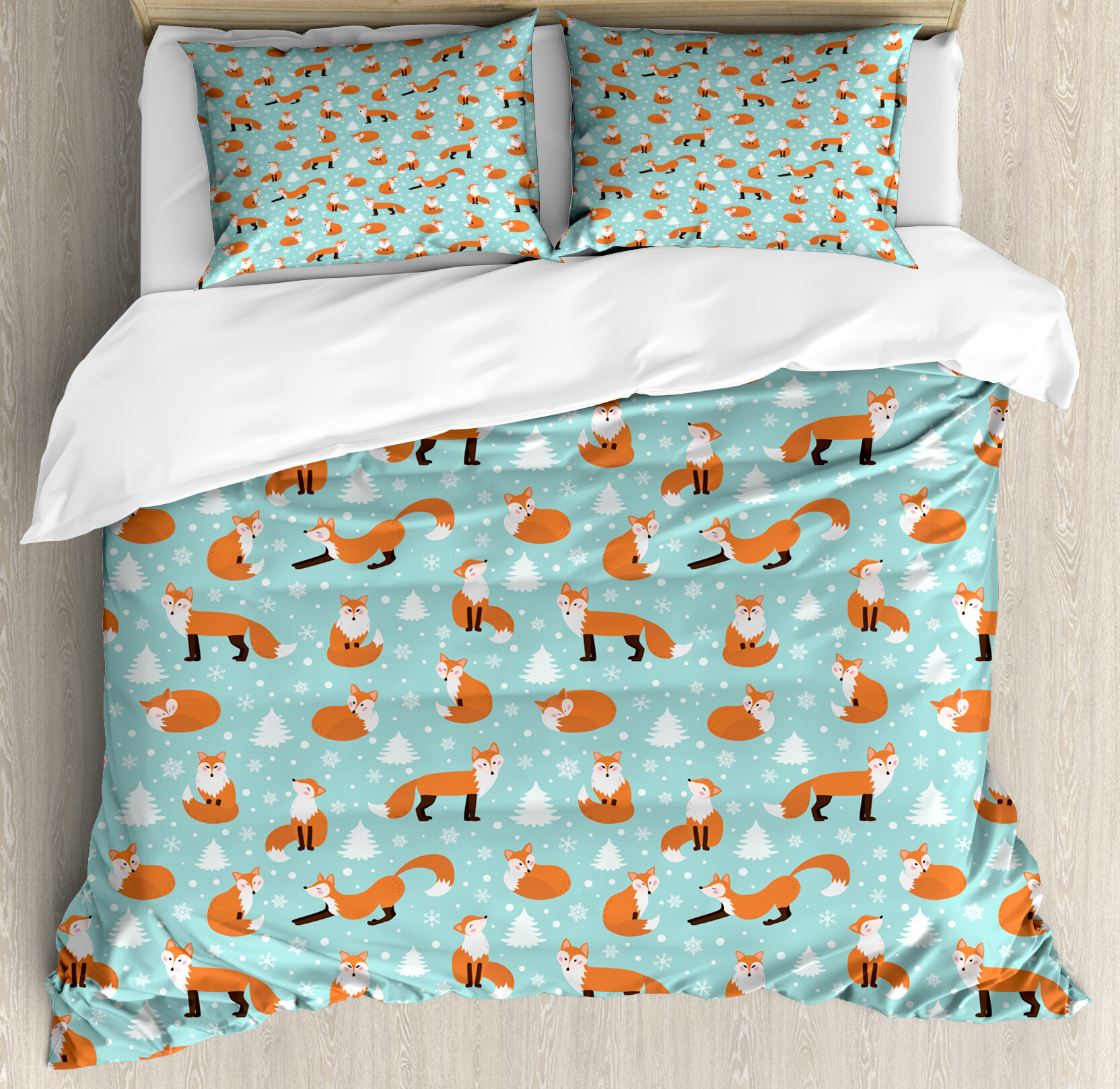 Fox Duvet Cover Set, Winter Themed Repetitive Pattern of Wild Animal ...