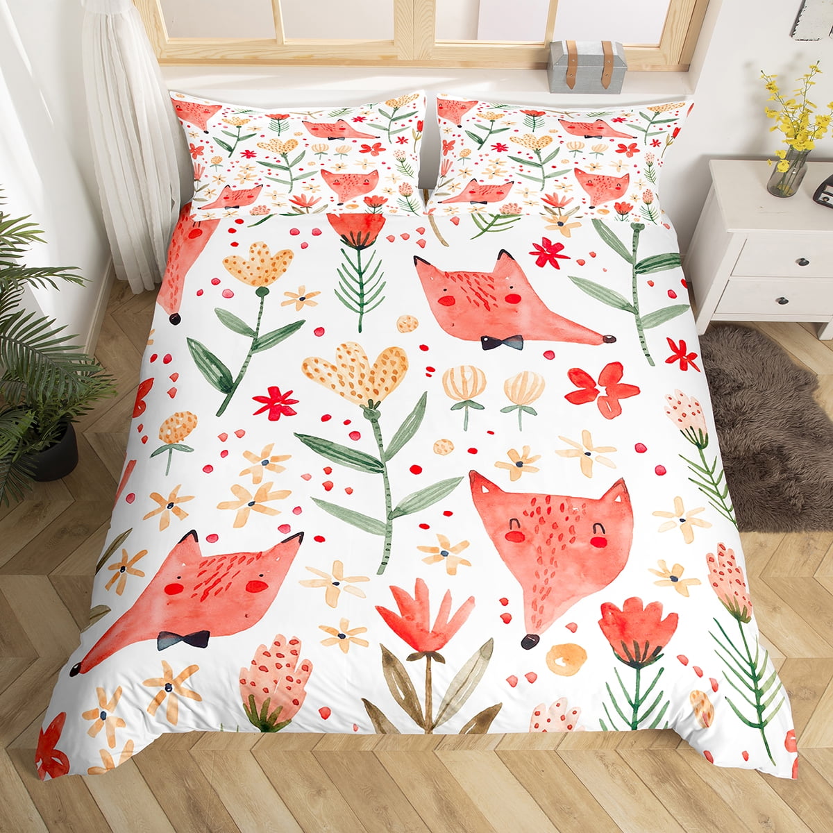 Fox Duvet Cover Twin Size,Red Cartoon Fox Bedding Set,Cute Fox Wild ...