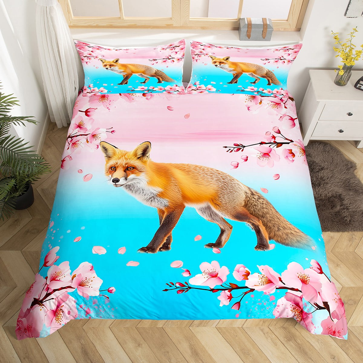 Fox Duvet Cover Woodland Animals Queen Bedding Sets for Girls,Cherry ...