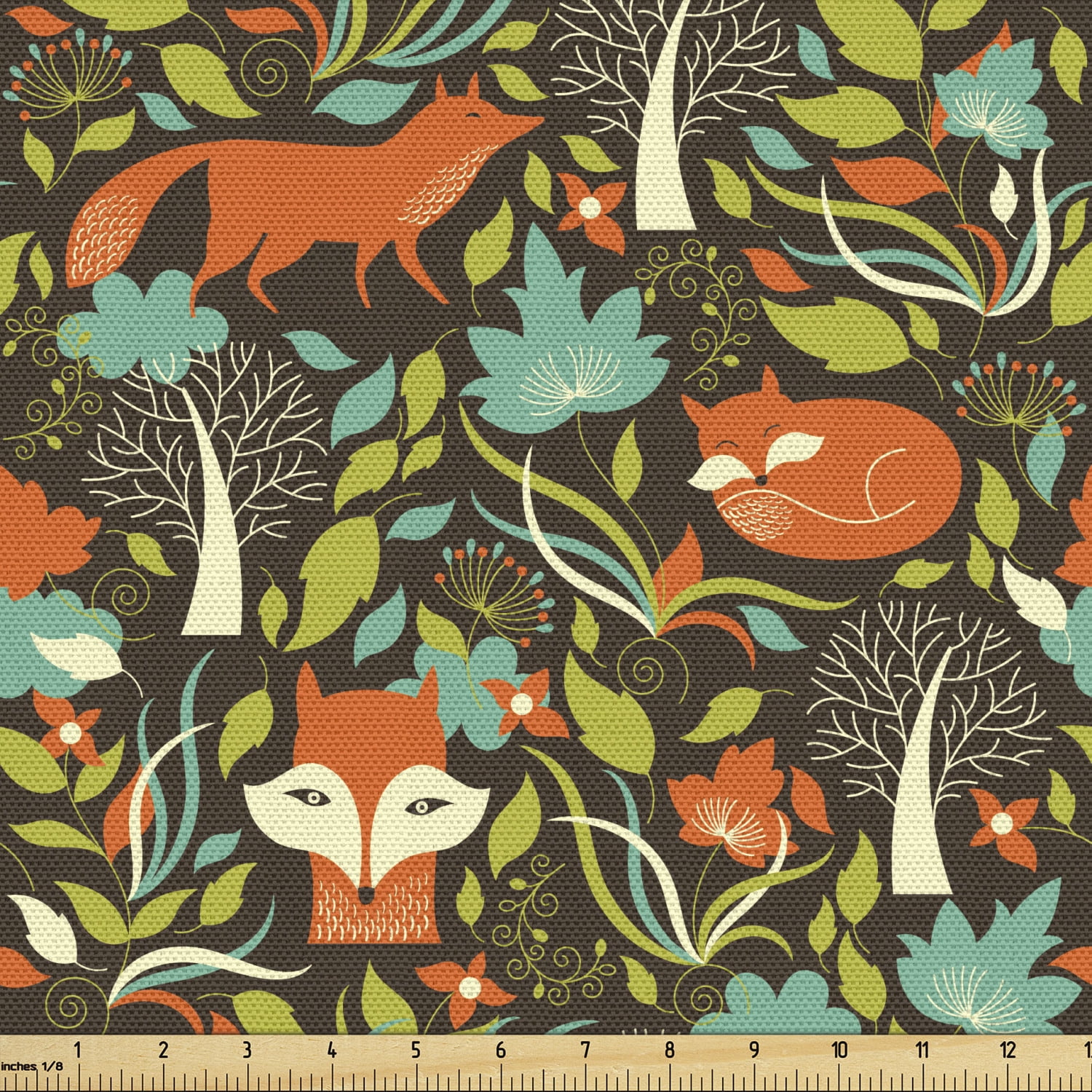 Ambesonne Fox Fabric by the Yard Upholstery, Autumn Season Flora Fauna ...