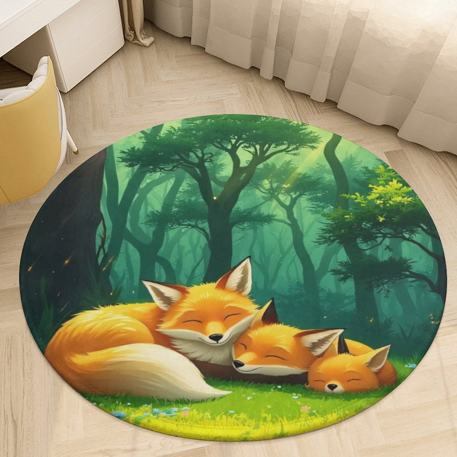 Fox Family Nap in Enchanted Forest Round Area Rugs for Bedroom Living ...