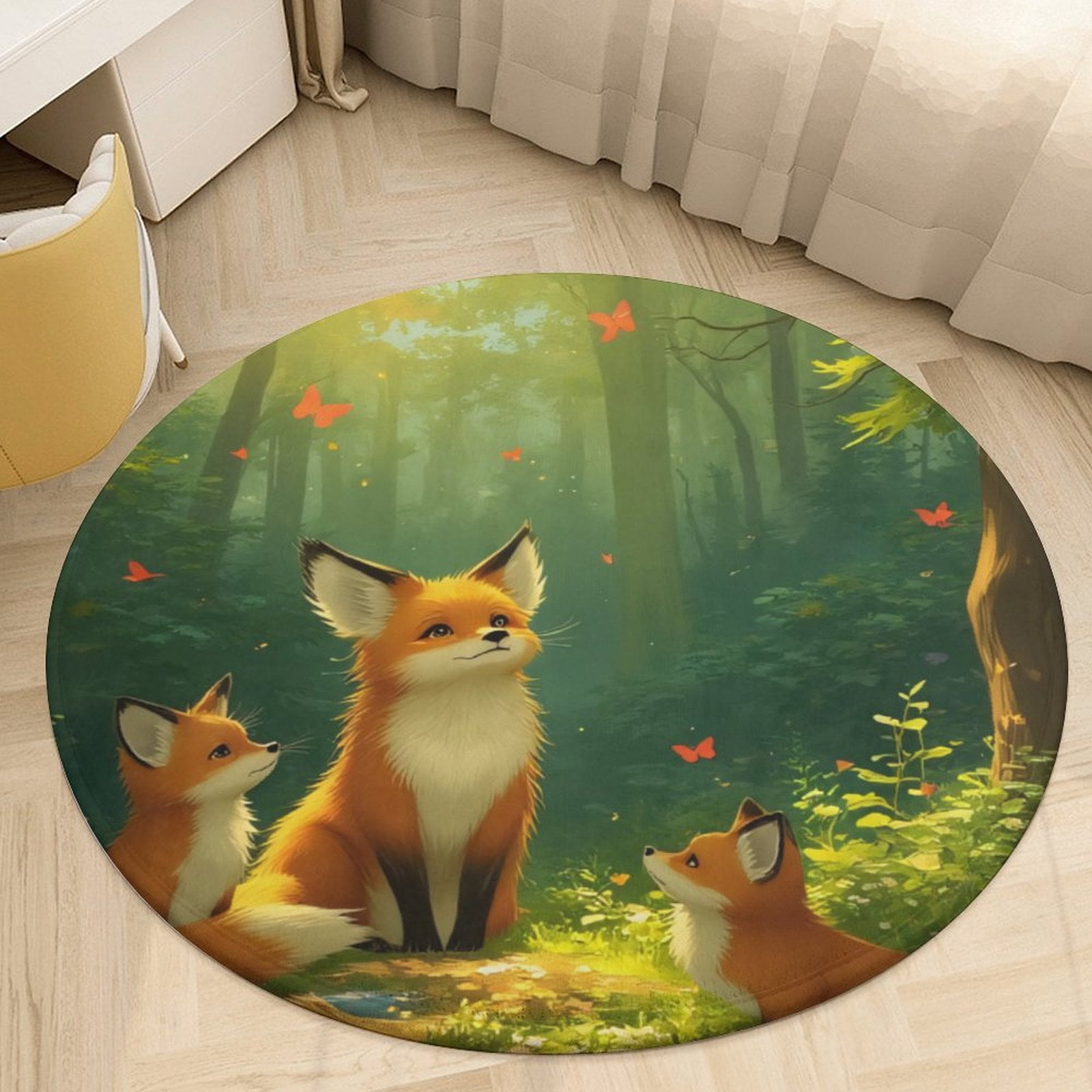 Fox Family in Enchanted Forest Round Area Rugs for Bedroom Living Room ...