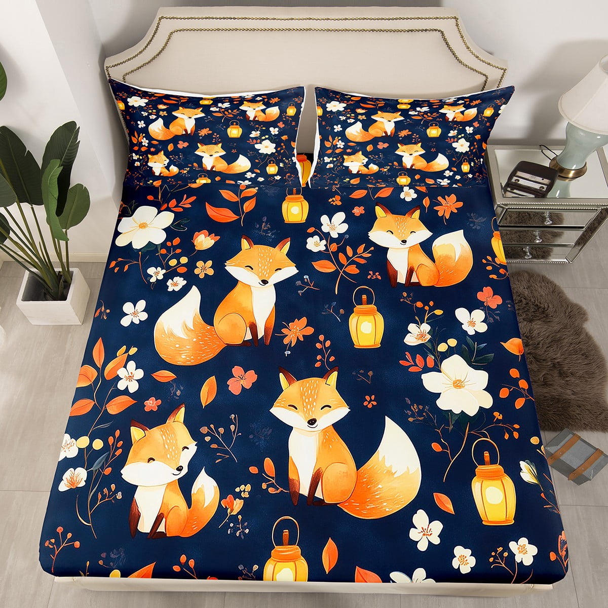 Fox Fitted Sheet Cute Cartoon Jungle Animal Queen Bedding Set,Boho ...