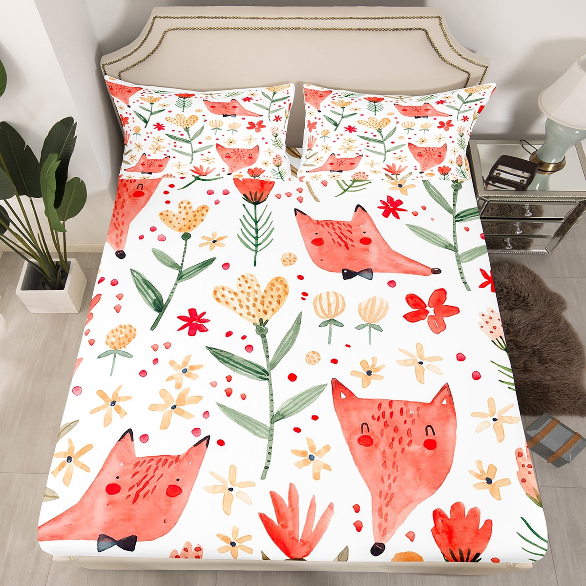 Fox Fitted Sheet Queen Size,Red Cartoon Fox Bedding Set,Cute Fox Wild ...