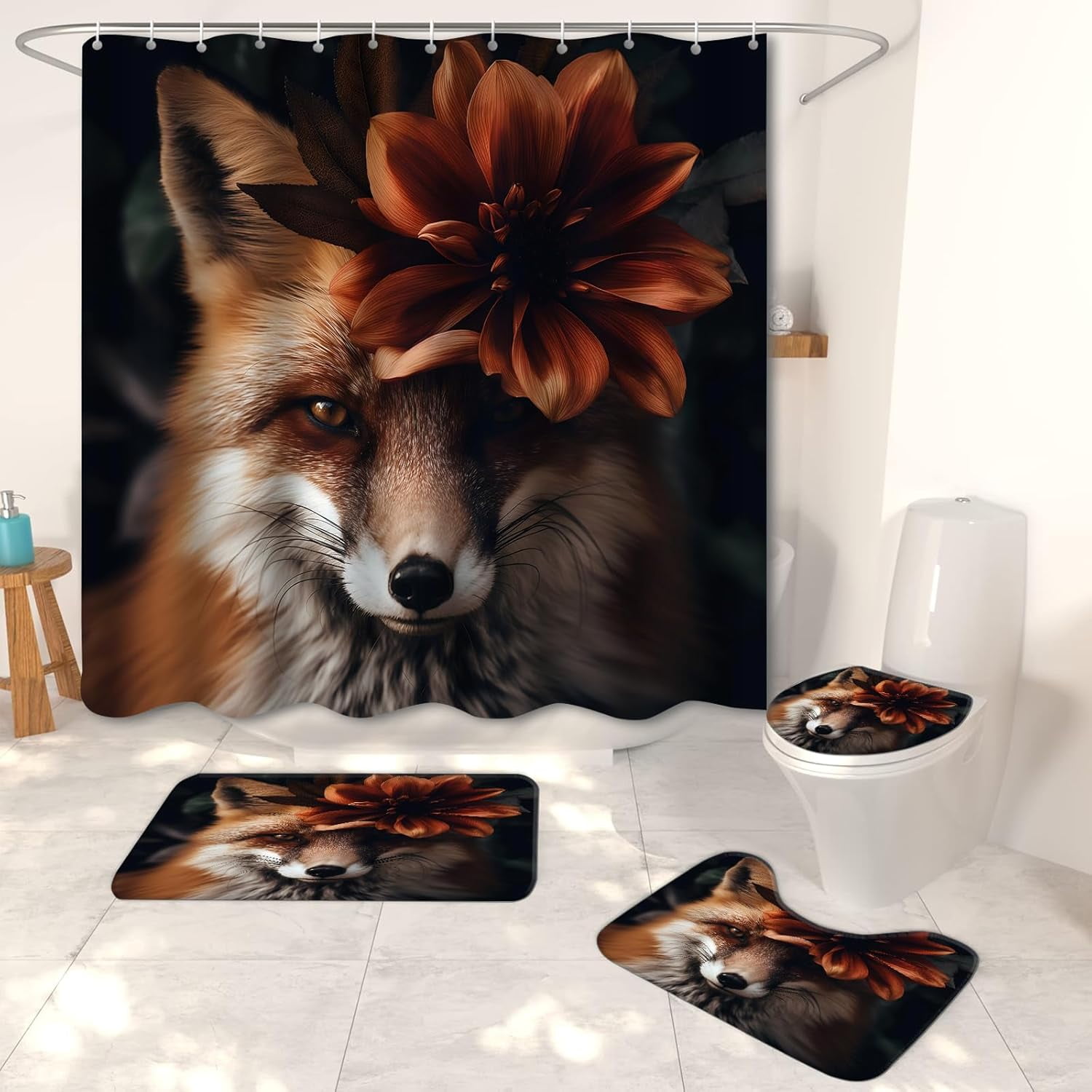 Fox Floral Shower Curtain Set Includes Waterproof Polyester Curtain 72 ...