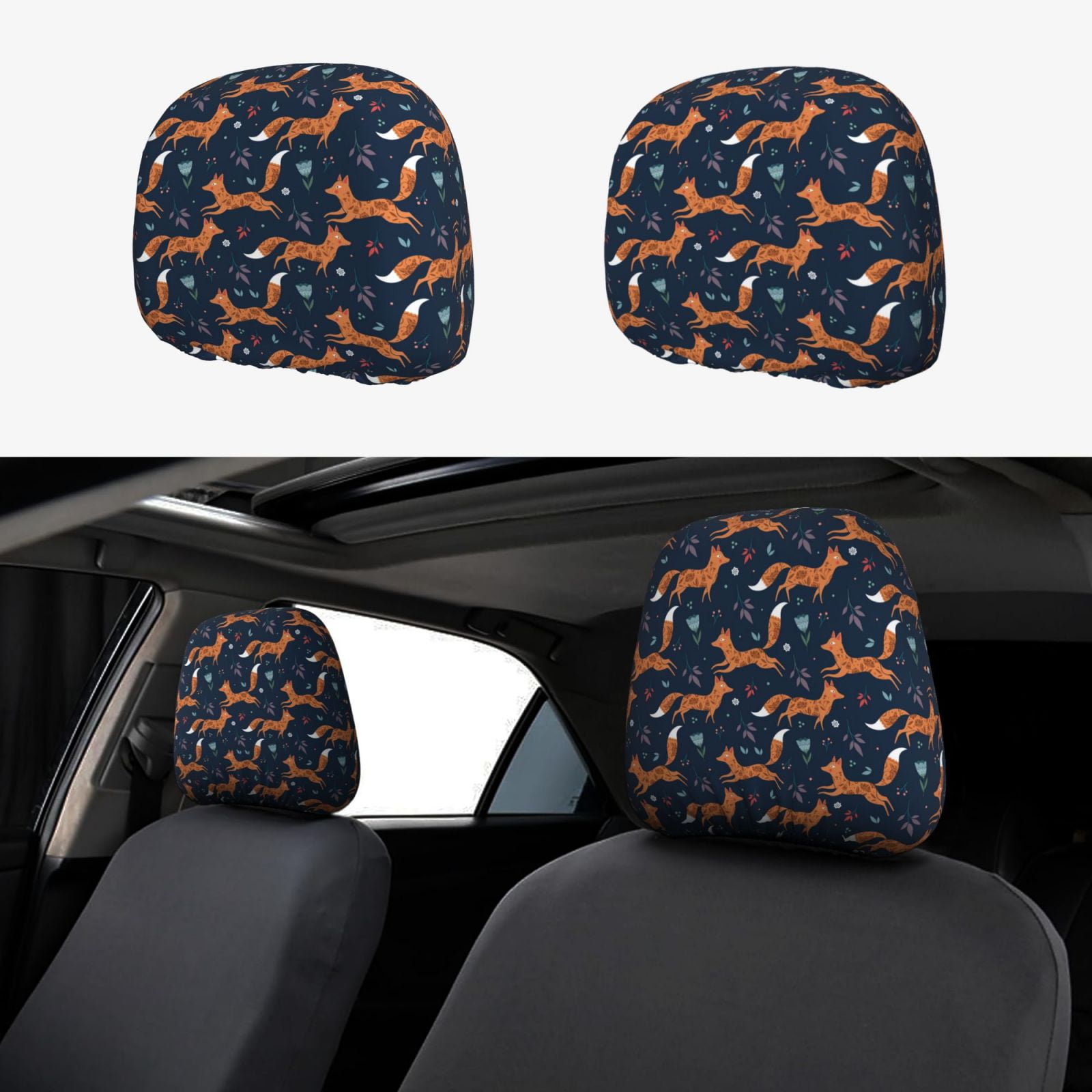 Fox with Flower Pattern Headrest Cover for Cars, 2Pack Car Headrest ...