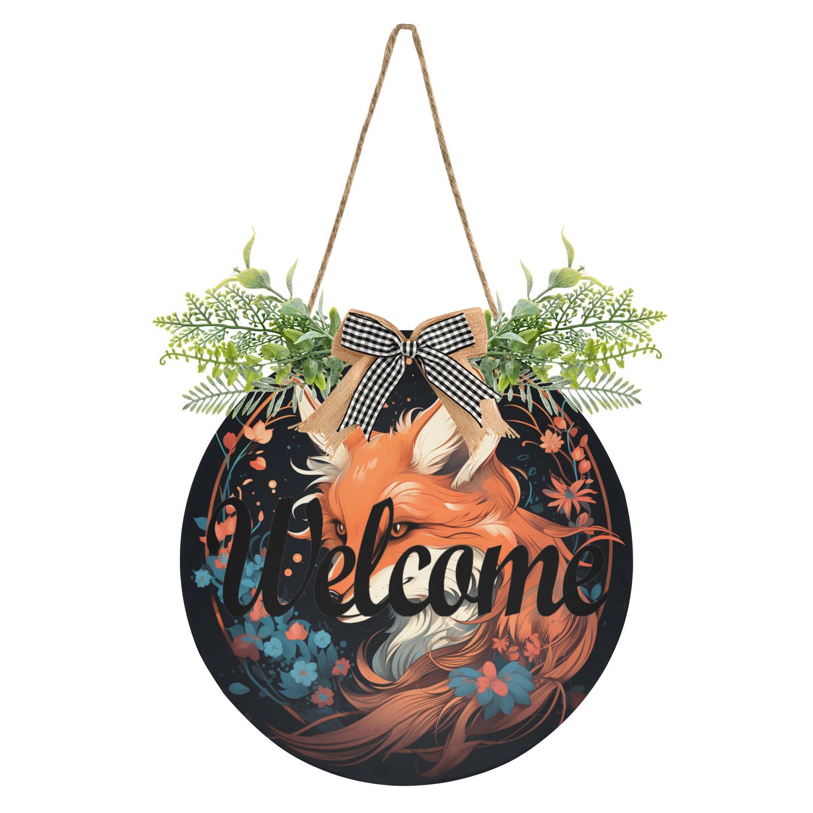 Fox Flowers Floral Circle Welcome Sign for Front Door Wreath Door Sign ...