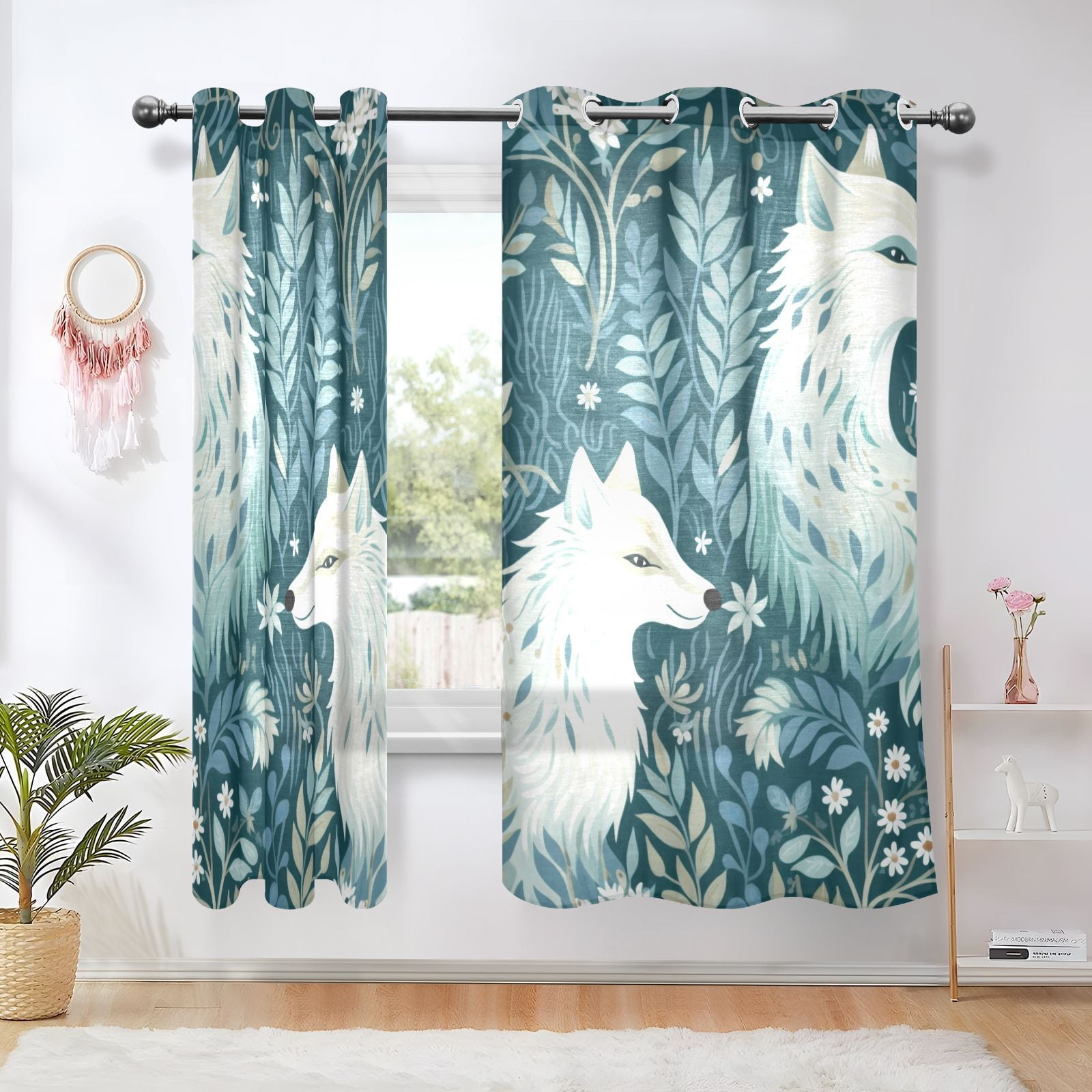 Fox Flowers Leaves Painting Blackout Curtains Thermal Insulation 63 ...