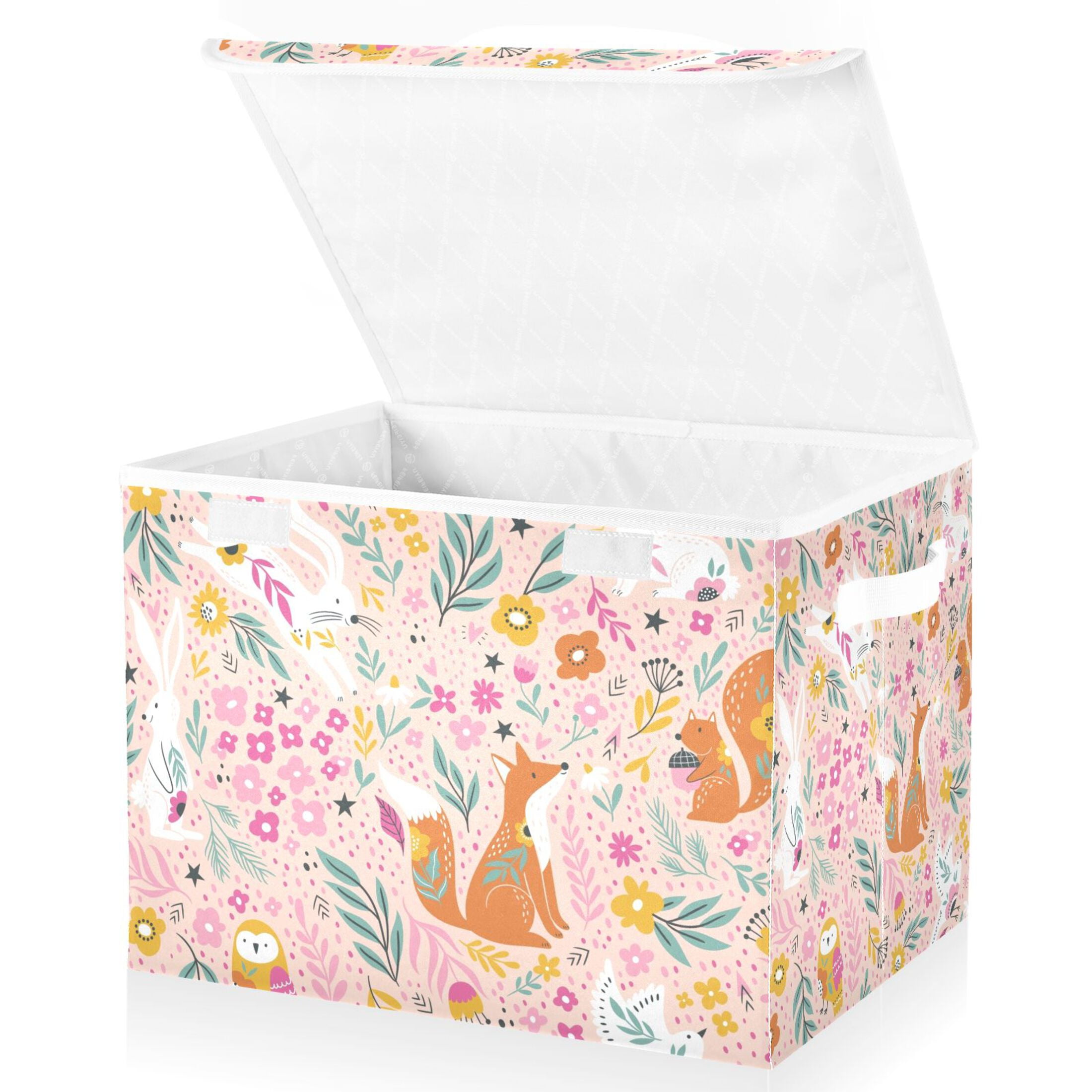 Fox and Flowers Leaves with Pink Large Lidded Storage Bin Foldable ...
