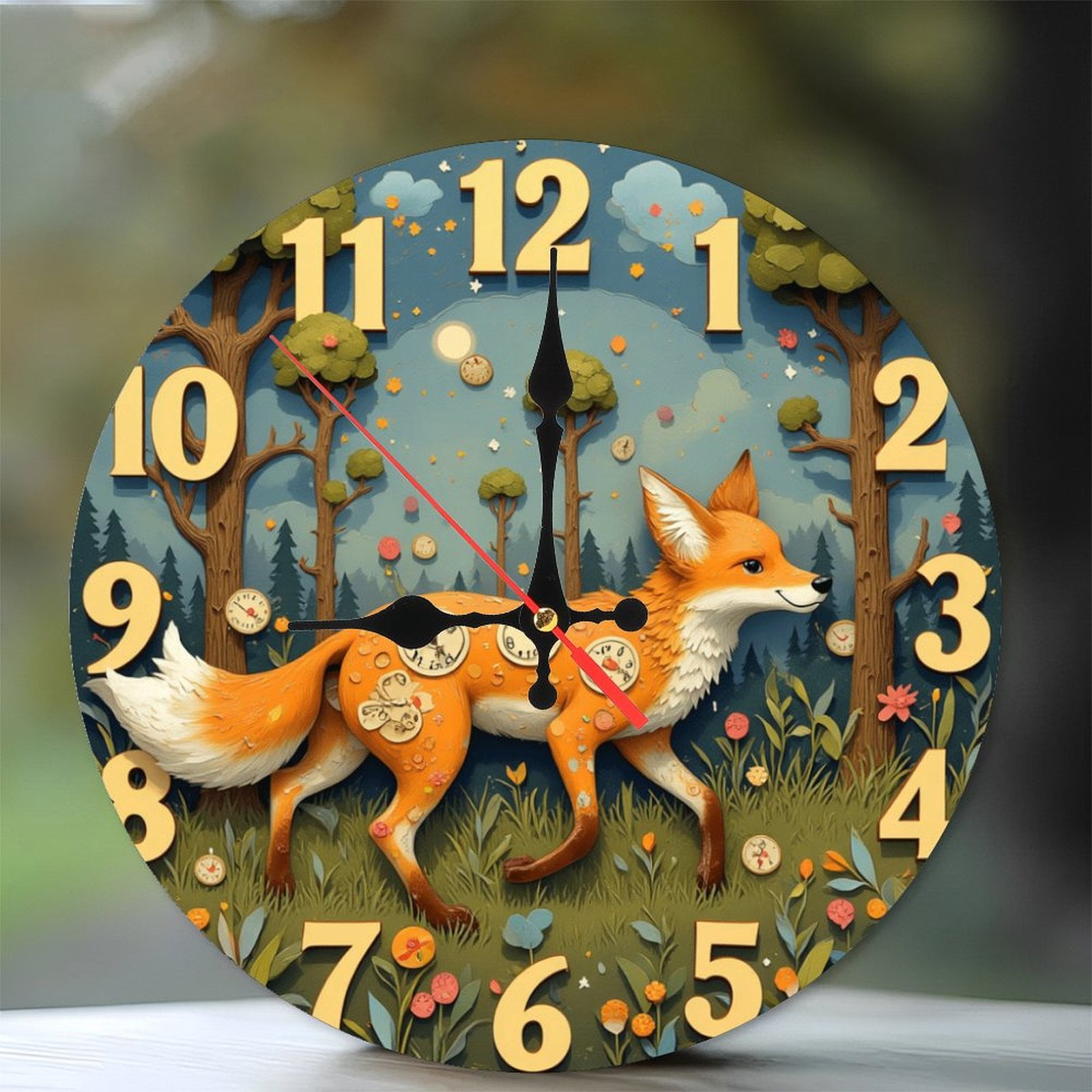 Fox Forest Wall Clock 10-Inch Silent Wooden Wall Clock, Battery ...