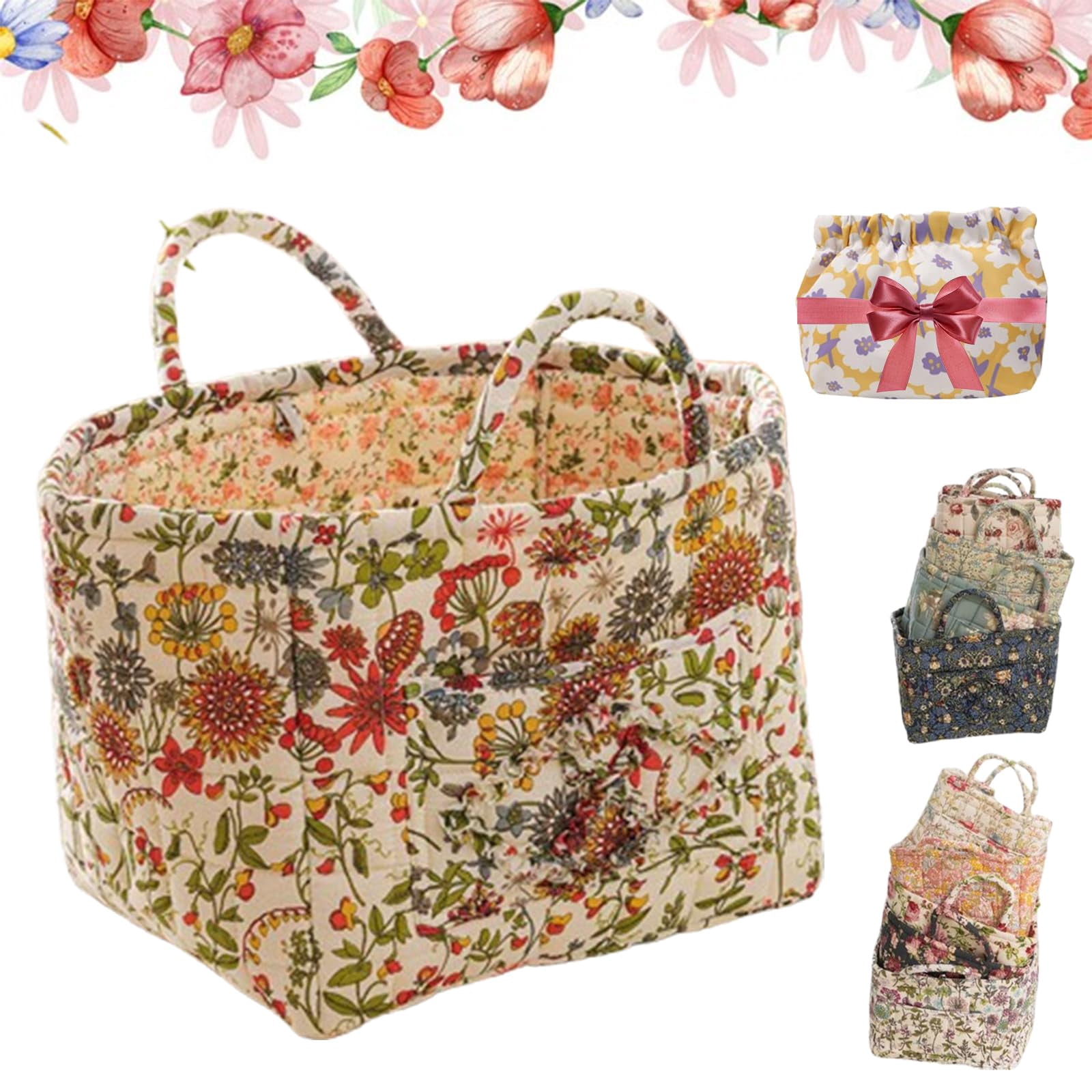 Boho Fabric Storage Basket, Large Capacity Tote Bag with Front Pocket ...