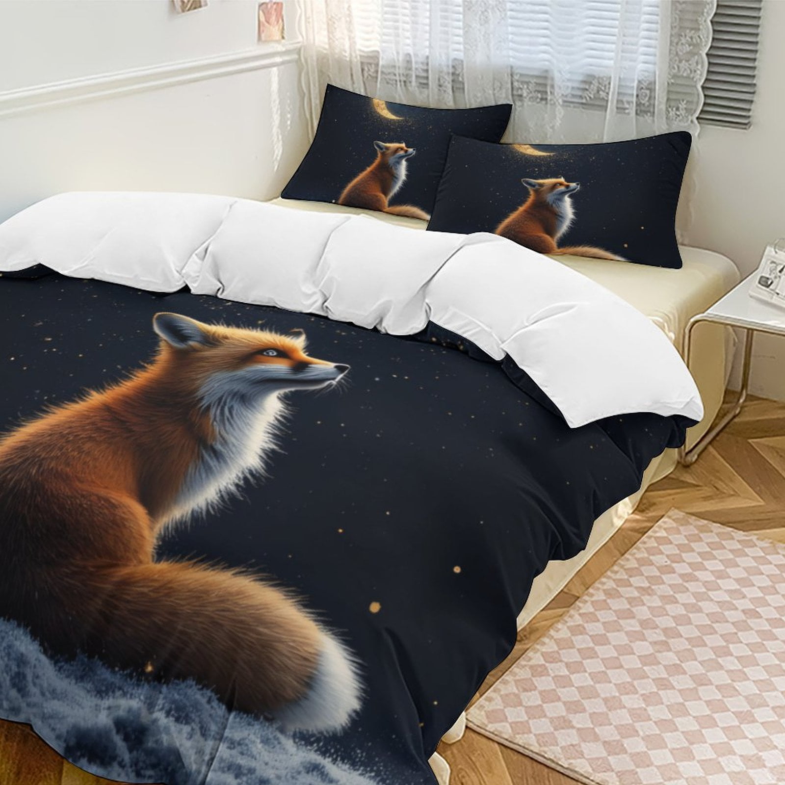 Fox Gazing at Crescent Moon 3D Duvet Cover Set Quilt Cover Theme of Kid ...
