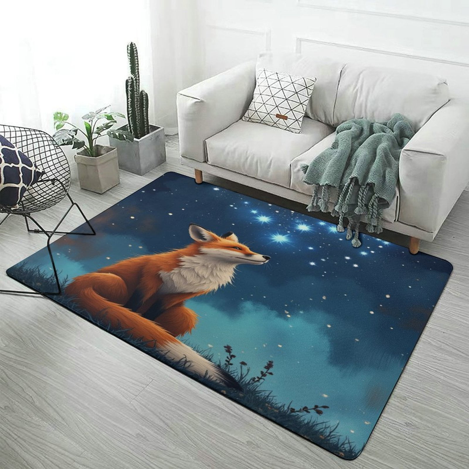 Fox Gazing at Starry Sky Carpet Style Living Room Bedroom Rug Soft ...