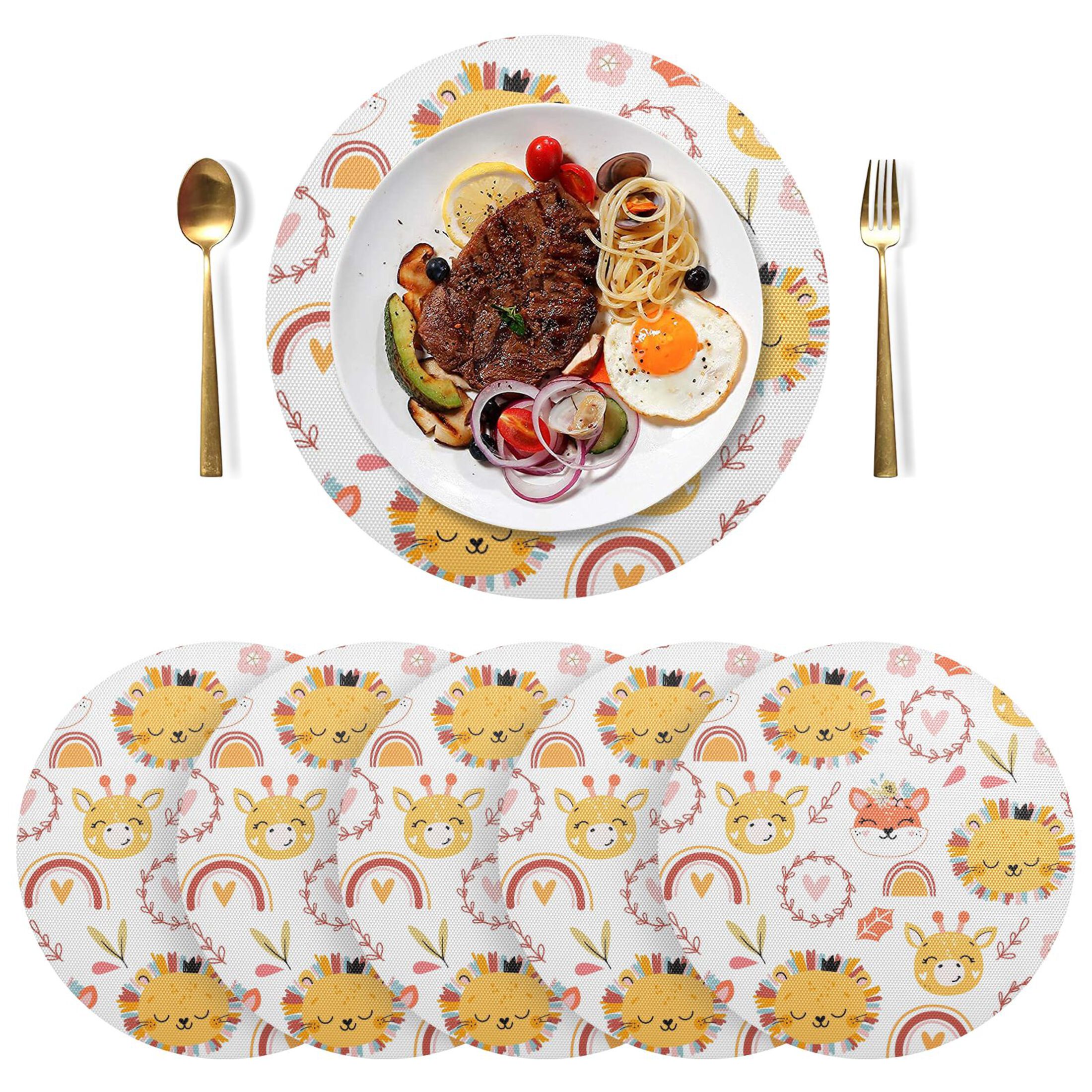 Fox Giraffe Lion in Boho Round Plate Mats Non-Slip Place Mat Washable ...