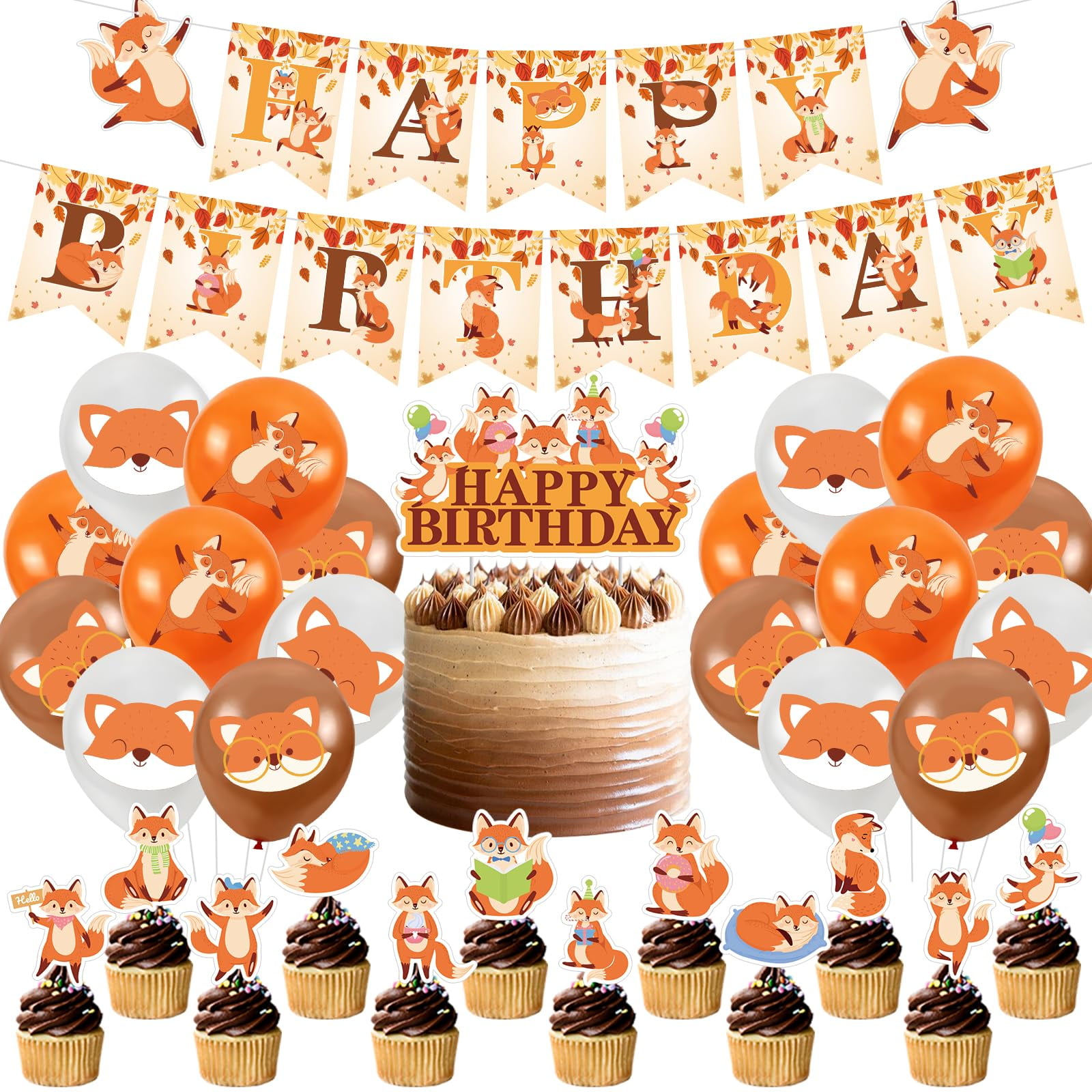 Fox Happy Birthday Banner MMF7 Cupcake Toppers Balloons Woodland Animal ...