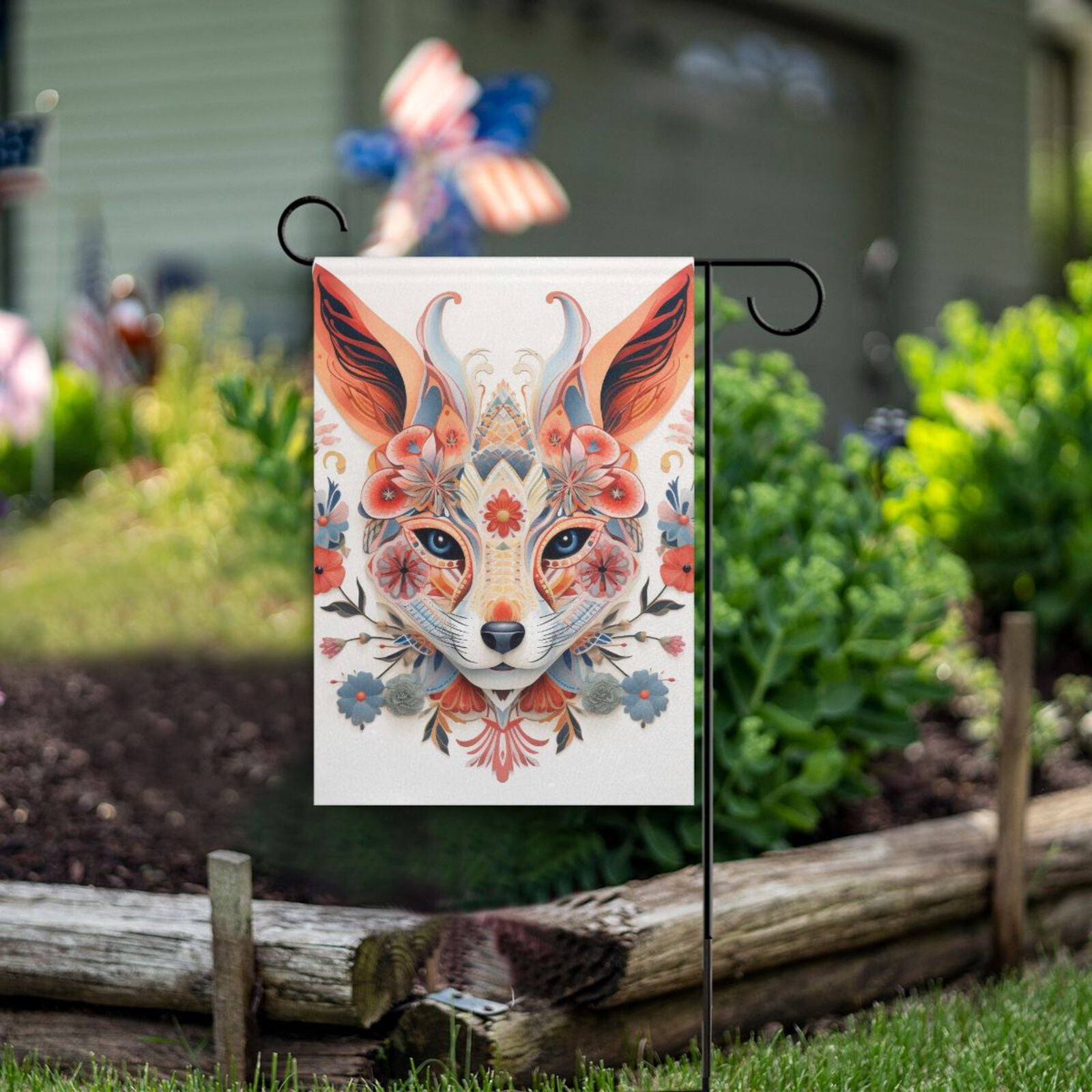 Fox Head Flowers Garden Flag Double Sided Outdoor Banners for Courtyard ...
