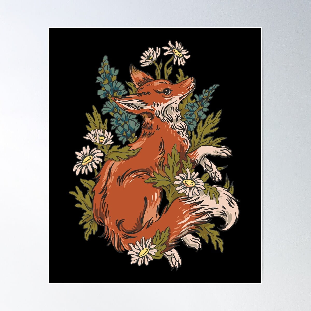 Fox In Nature With Chamomile Flowers Poster Wall Art, Modern Wall Decor ...