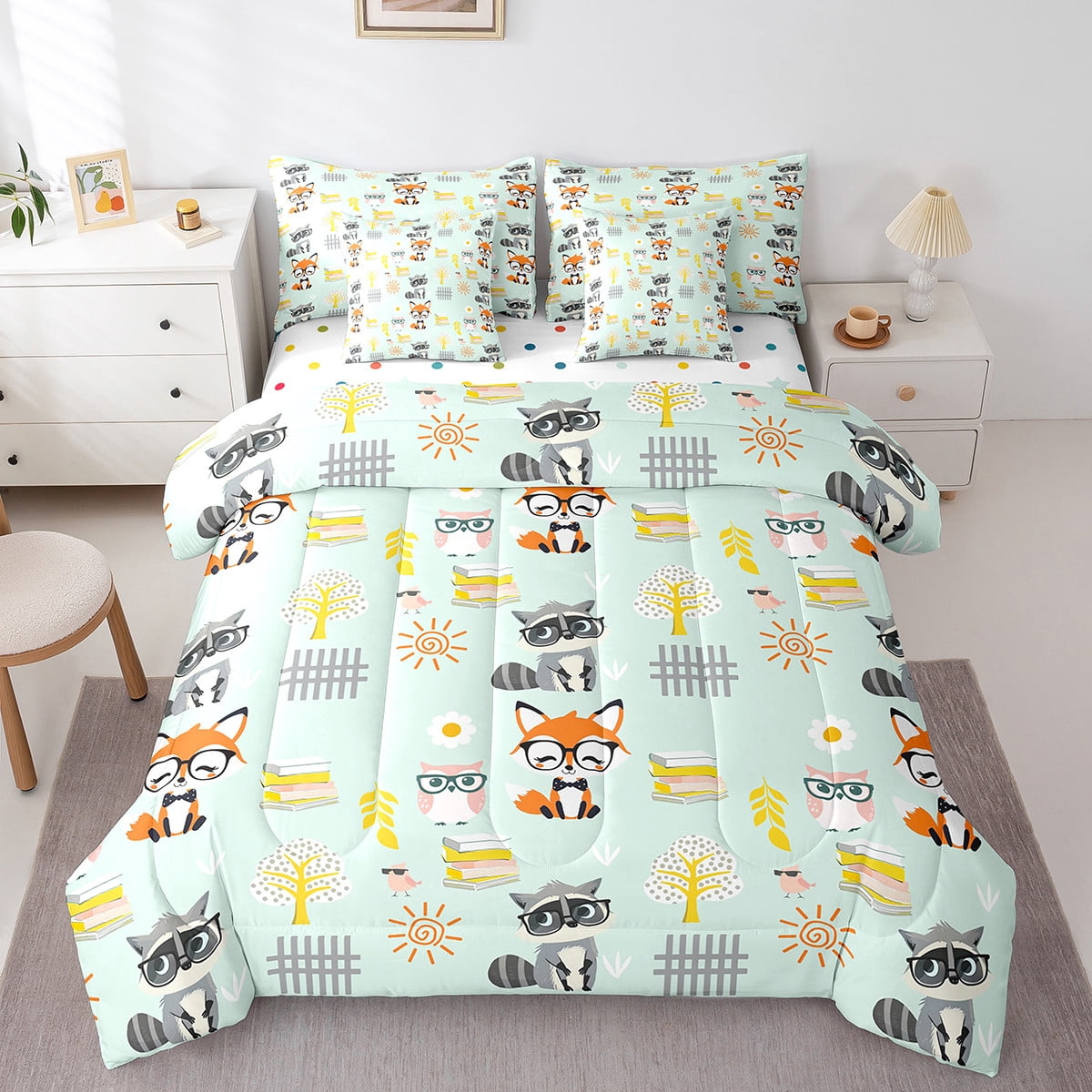 Fox 7 Pieces Bedding Set Cute Raccoon Comforter Twin Size,Kawaii Owl ...