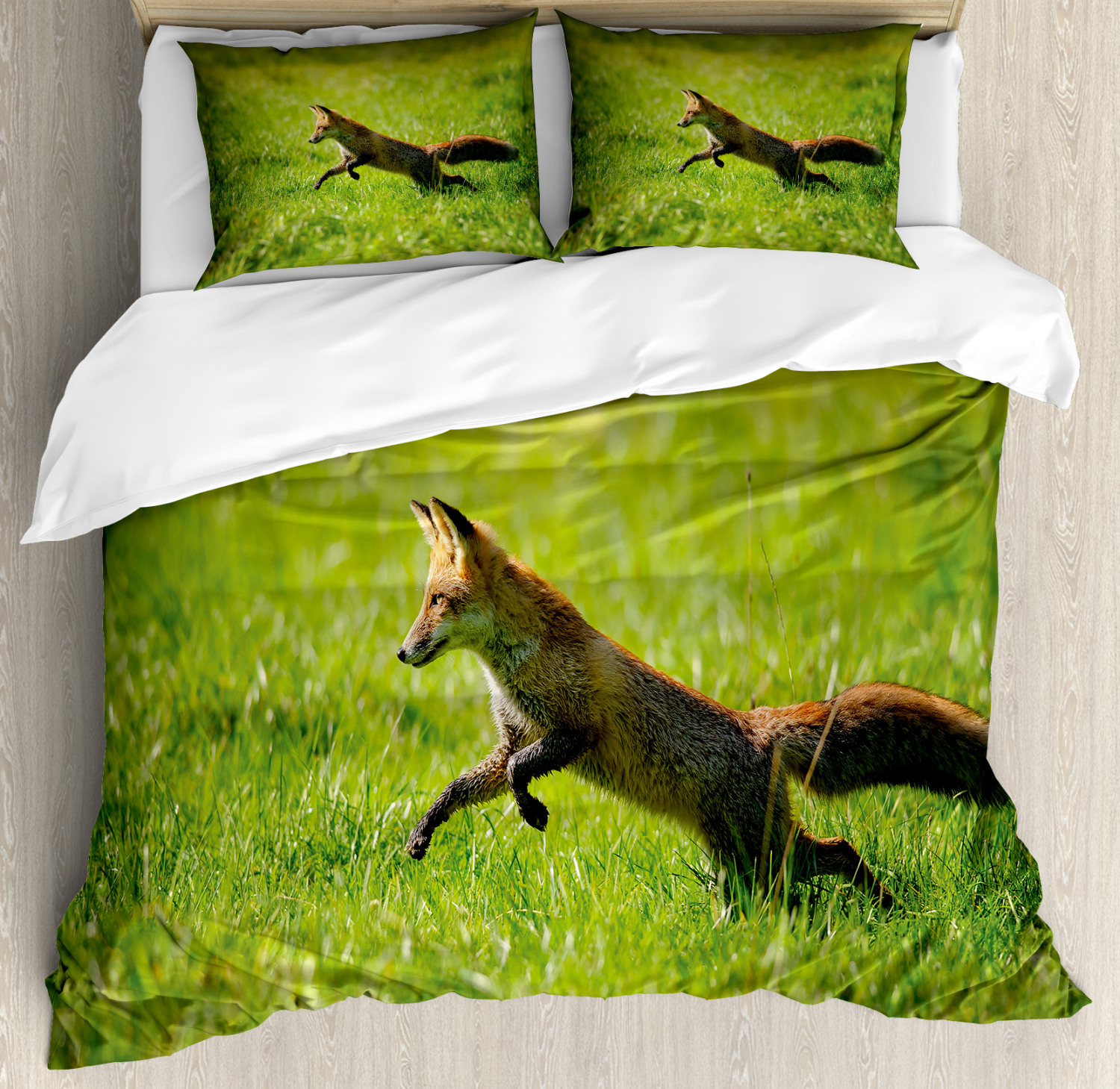 Fox King Size Duvet Cover Set, Red Fox Jumping Running in Fresh Green ...
