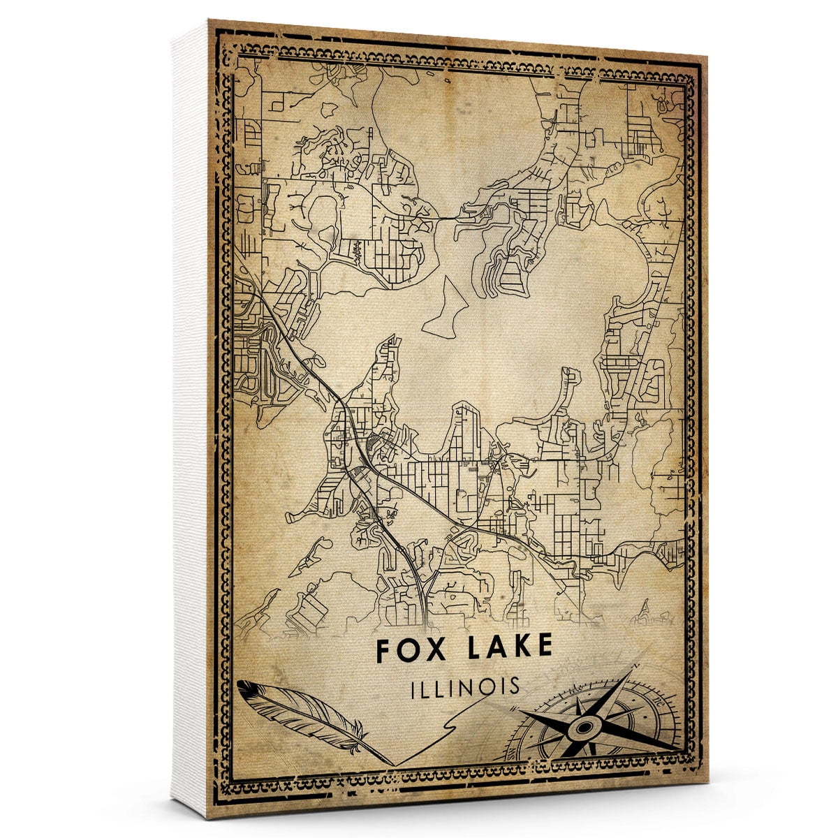 Fox Lake Vintage Map Prints Canvas, Illinois Map Art Canvas, Canvas ...