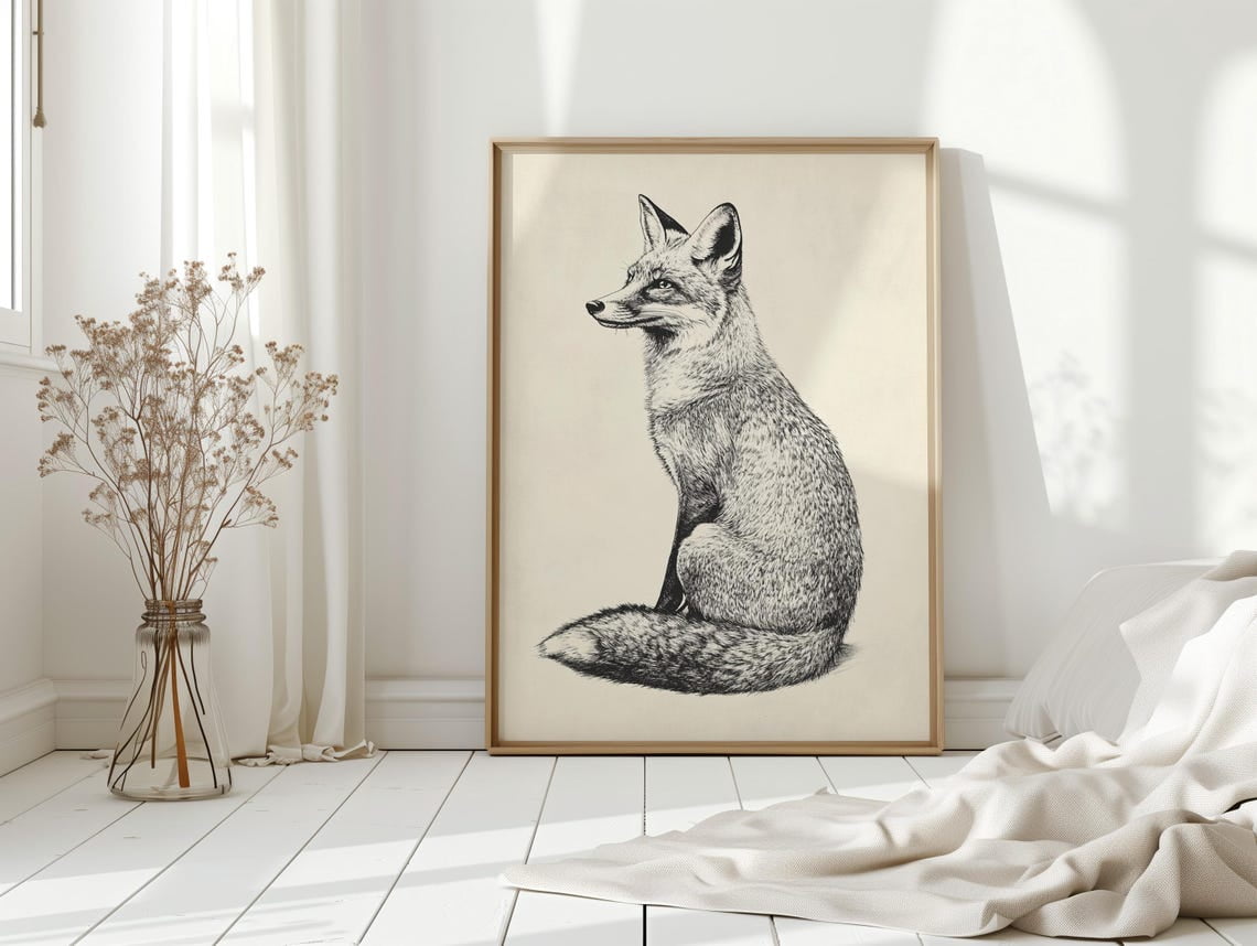 Fox Line Art Print – Detailed Vintage Animal Drawing Poster, Black And ...
