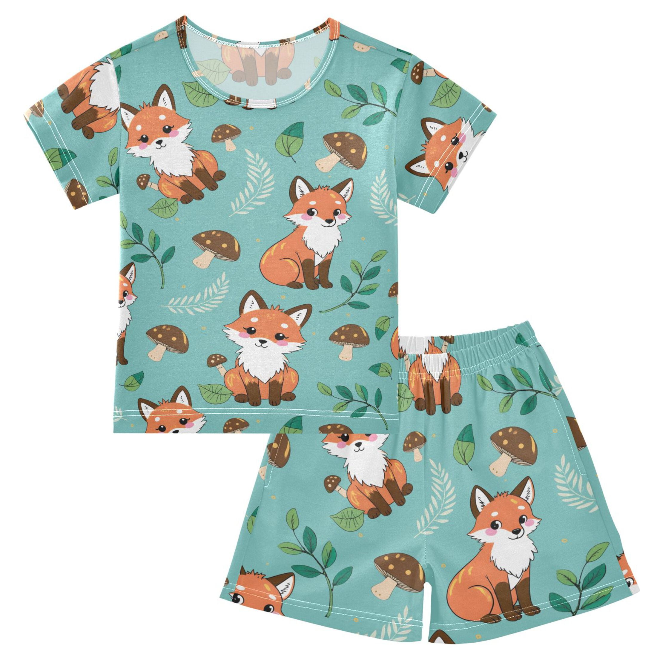Fox Mushroom Pattern Summer Pajama Set Soft Cotton Short Sleeve ...