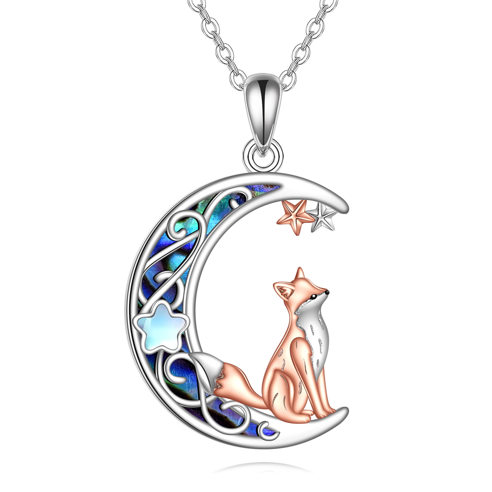 Fox Necklace Sterling Silver Crescent Moon Fox Pendant Abalone Shell ...