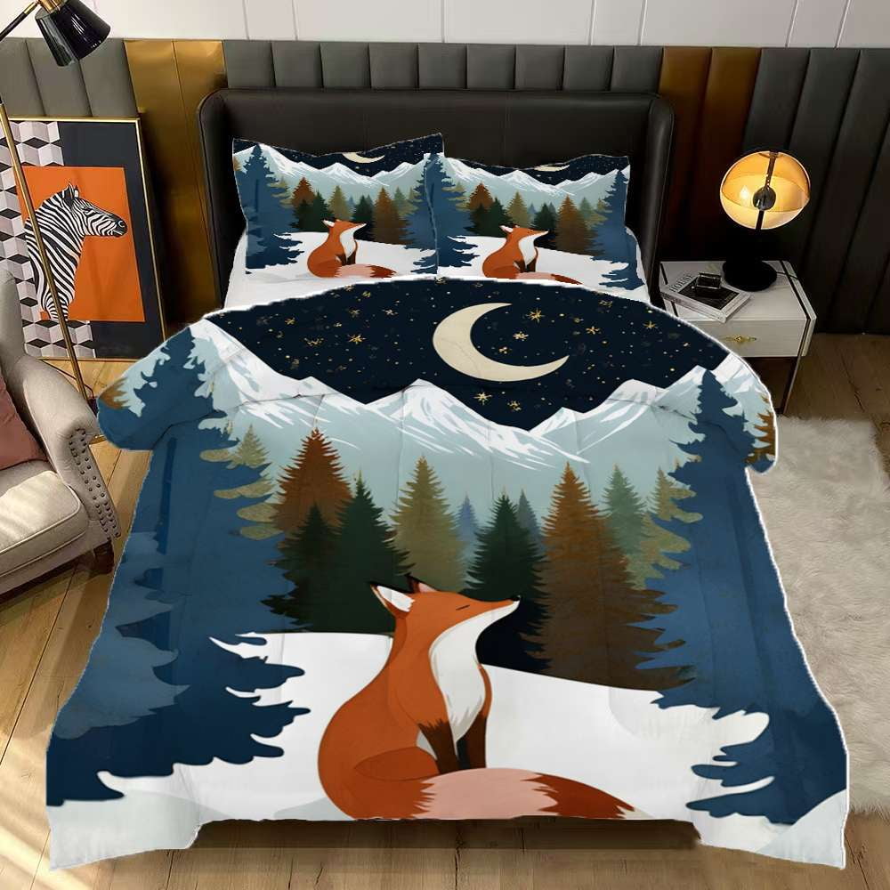 Fox Night Forest Moon Comforter Set Queen Size Bedding Set For Travl ...