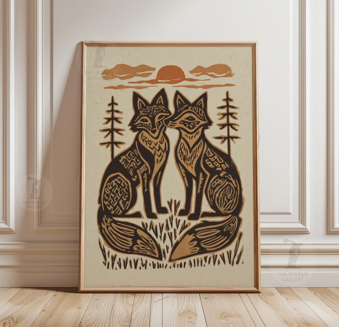 Fox Pair Woodland Poster Linocut Style Rustic Animal Wall Art Decor ...