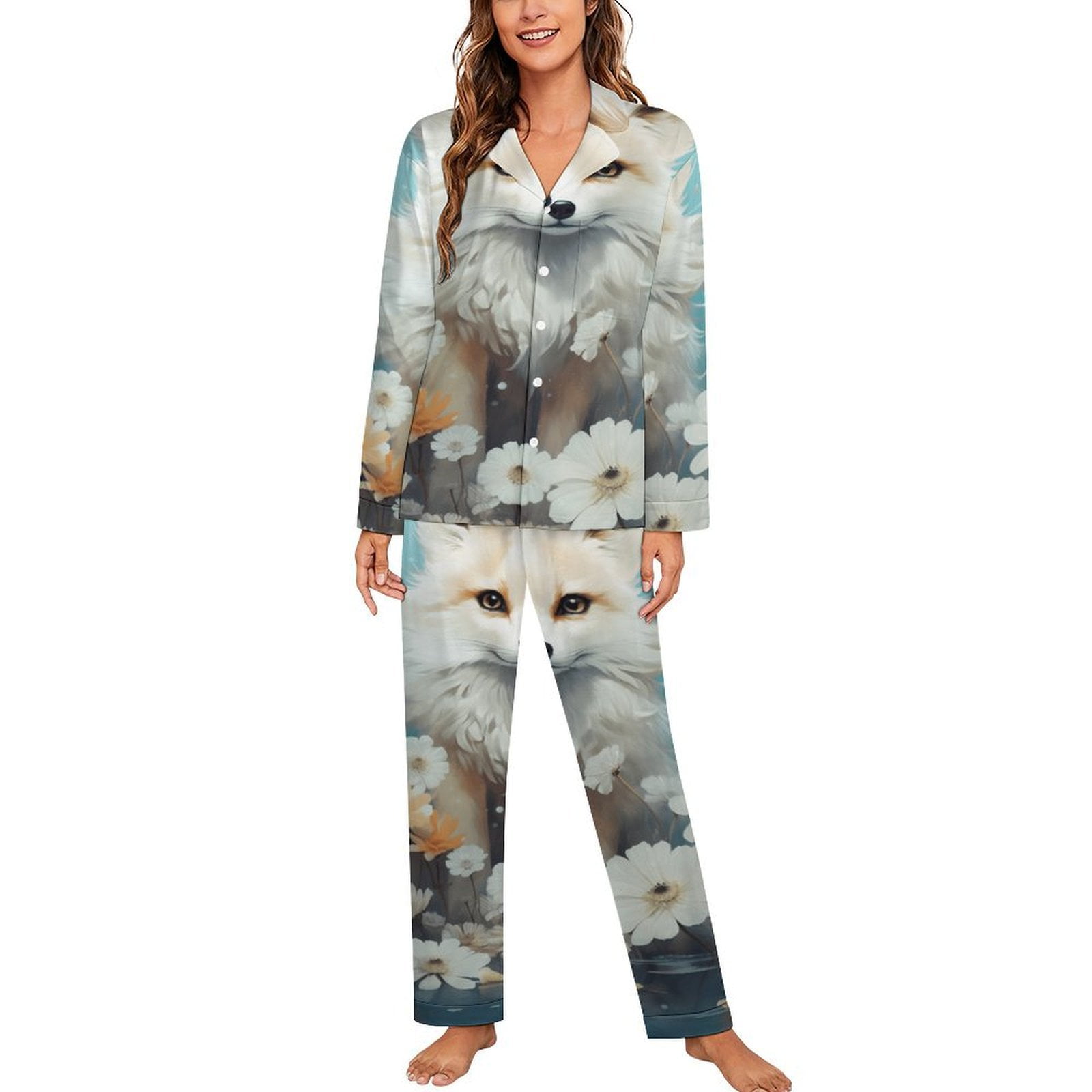 Fox Pajamas Night V Neck Nightwear Lady Two Piece Long Sleeve Pajama ...