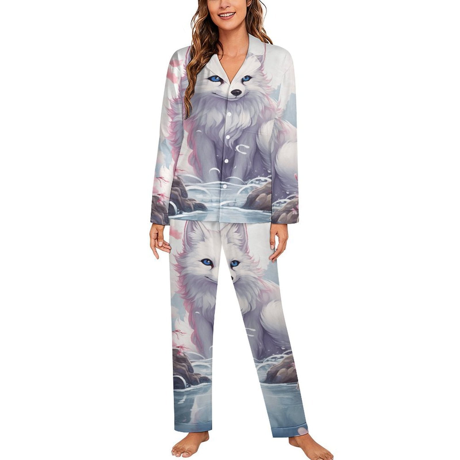 Fox Pajamas Woman Home Suit Autumn Long Sleeve 2 Piece Night V Neck ...