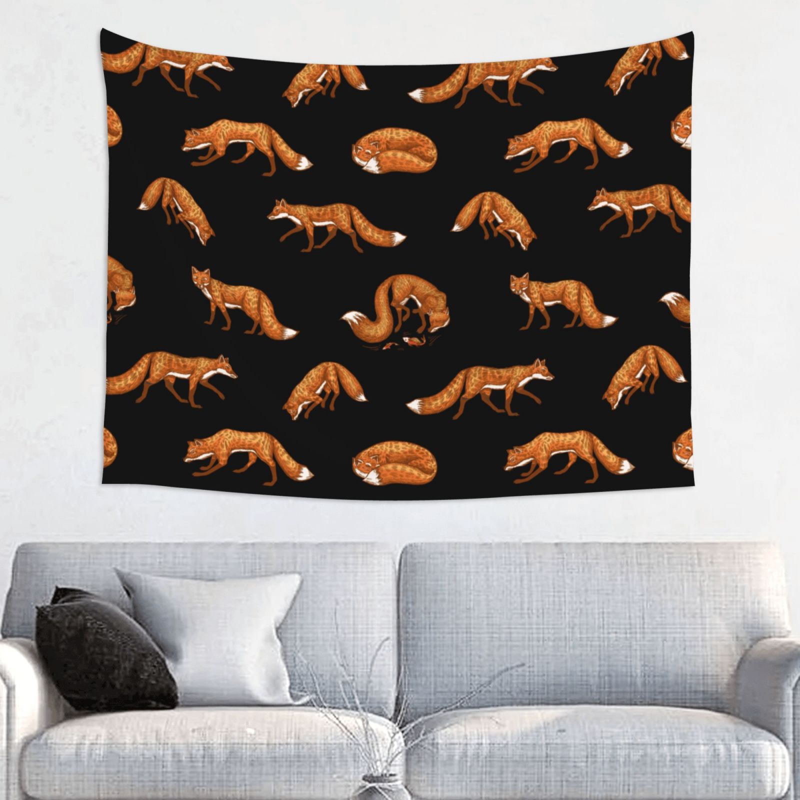 Fox Pattern Black Wall Tapestry for Bedroom Aesthetic - Tapestry ...