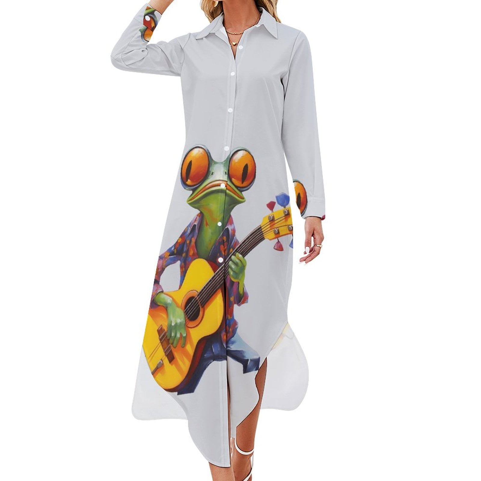 Fox Play Guitar Women's Maxi T Shirt Dress Long Sleeve Lapel Summer ...