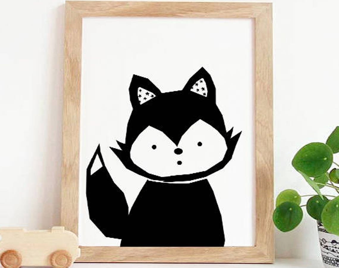 Fox Print. Fox Nursery Art Black White Fox Fox Wall Art. Floral Fox ...
