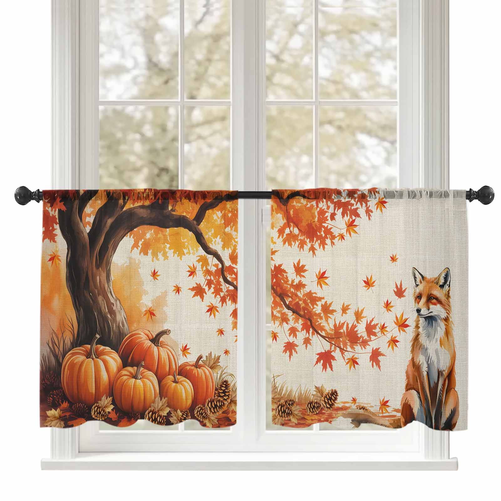 Fox Pumpkin Sheer Curtains 54 inches Long, Fall Forest Maple Leaf Pine ...