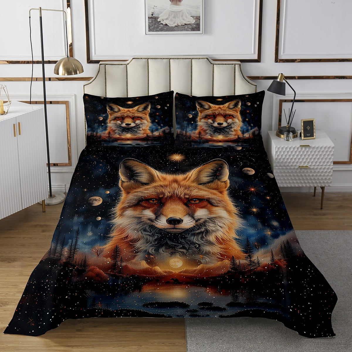 Fox Quilt Set Galaxy Stars Moon Bedspread Set King,Jungle Woodland ...