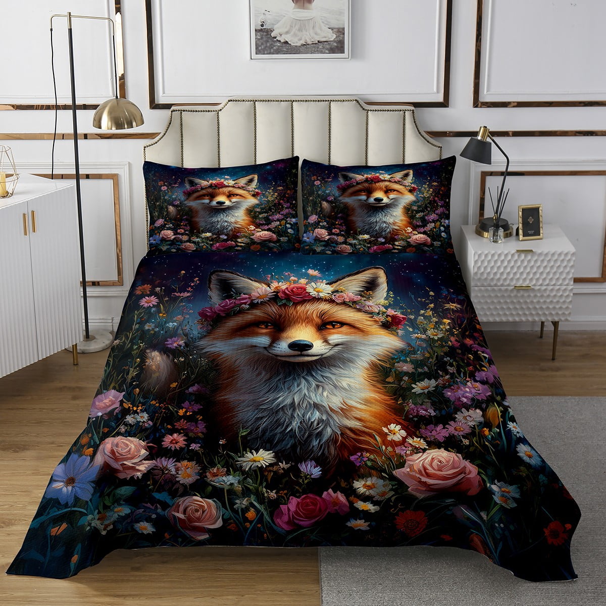 Fox Quilt Set Rustic Farm Bedspread Blue Purple Galaxy Starry Sky Bed ...