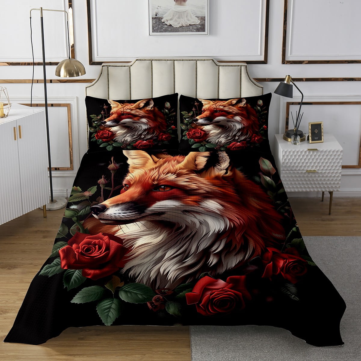 Fox Quilt Set Vintage Red Rose Bedspread Set Queen,Romantic Flowers ...
