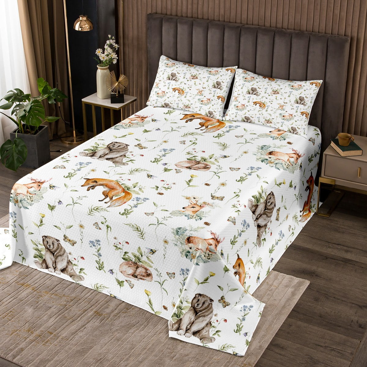 Fox Quilt Set Woodland Animals Bear Elk Deer King Bedspread Set for ...
