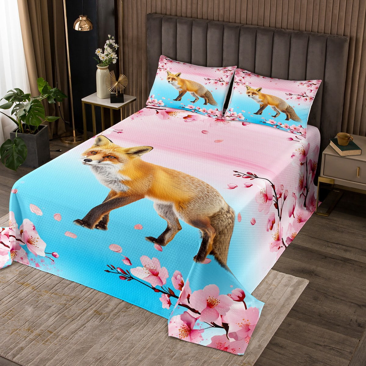 Fox Quilt Set Woodland Animals Twin Bedspread Set for Girls,Cherry ...