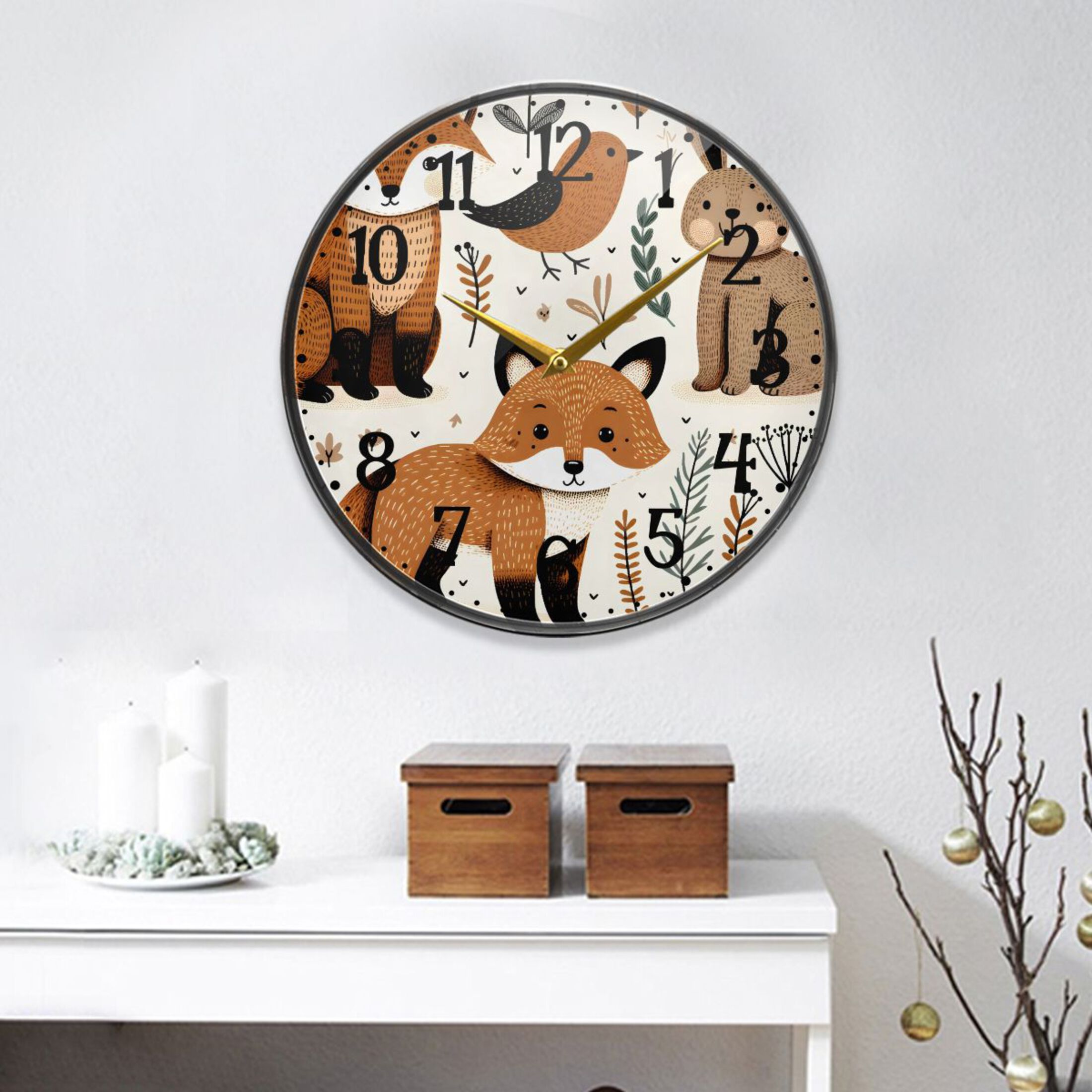 Fox Rabbit Bird Plant Round Wall Clock 12 Inch Non-Ticking Silent ...