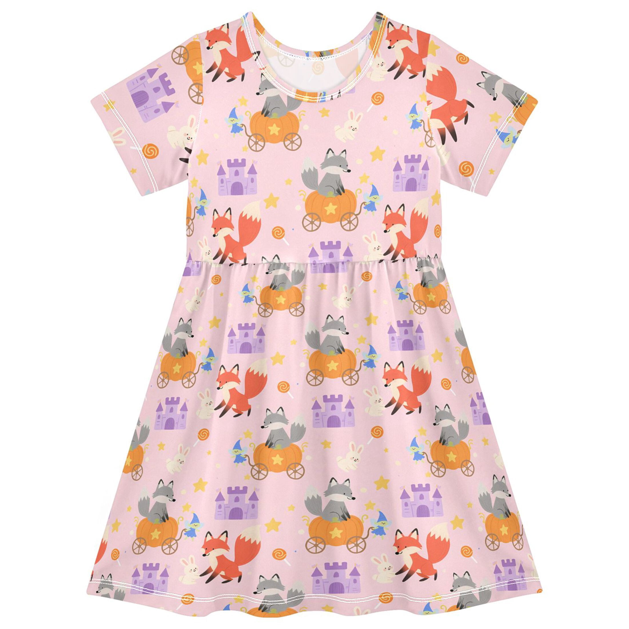Fox Rabbit Short Sleeve Dress A-Line Cute Midi Casual Sundress 2-8 ...
